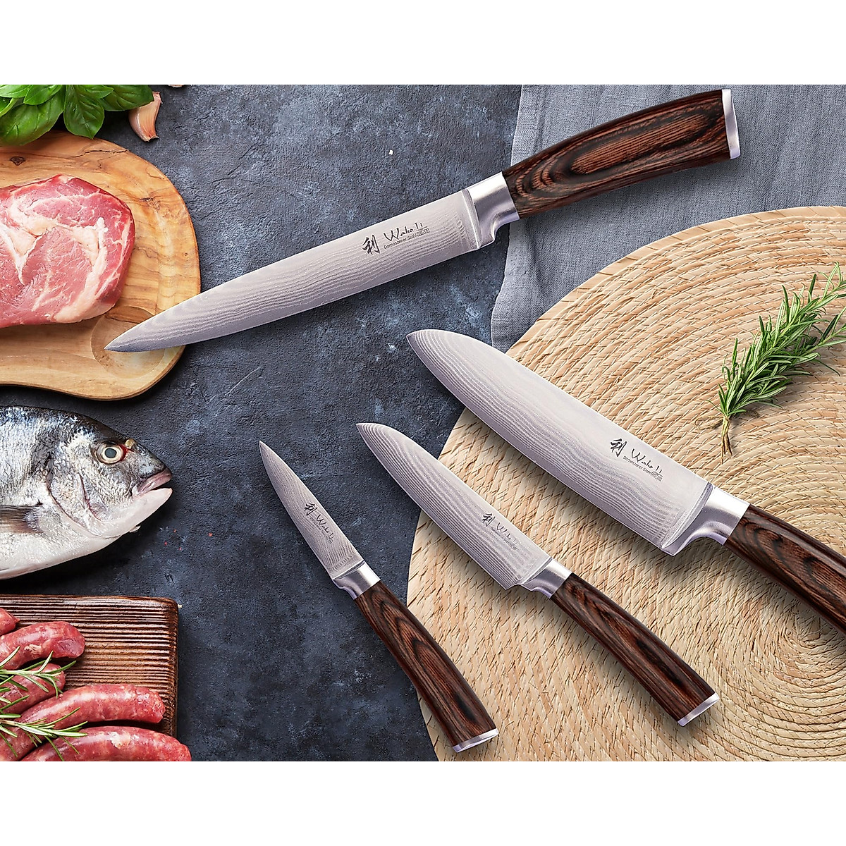 Wakoli EDIB 4-pcs Damascus Knife Set I Professional Kitchen Knives made of Japanese Damascus Steel VG10 Chef Knife Set with Pakka Wood Handle in Gift Box