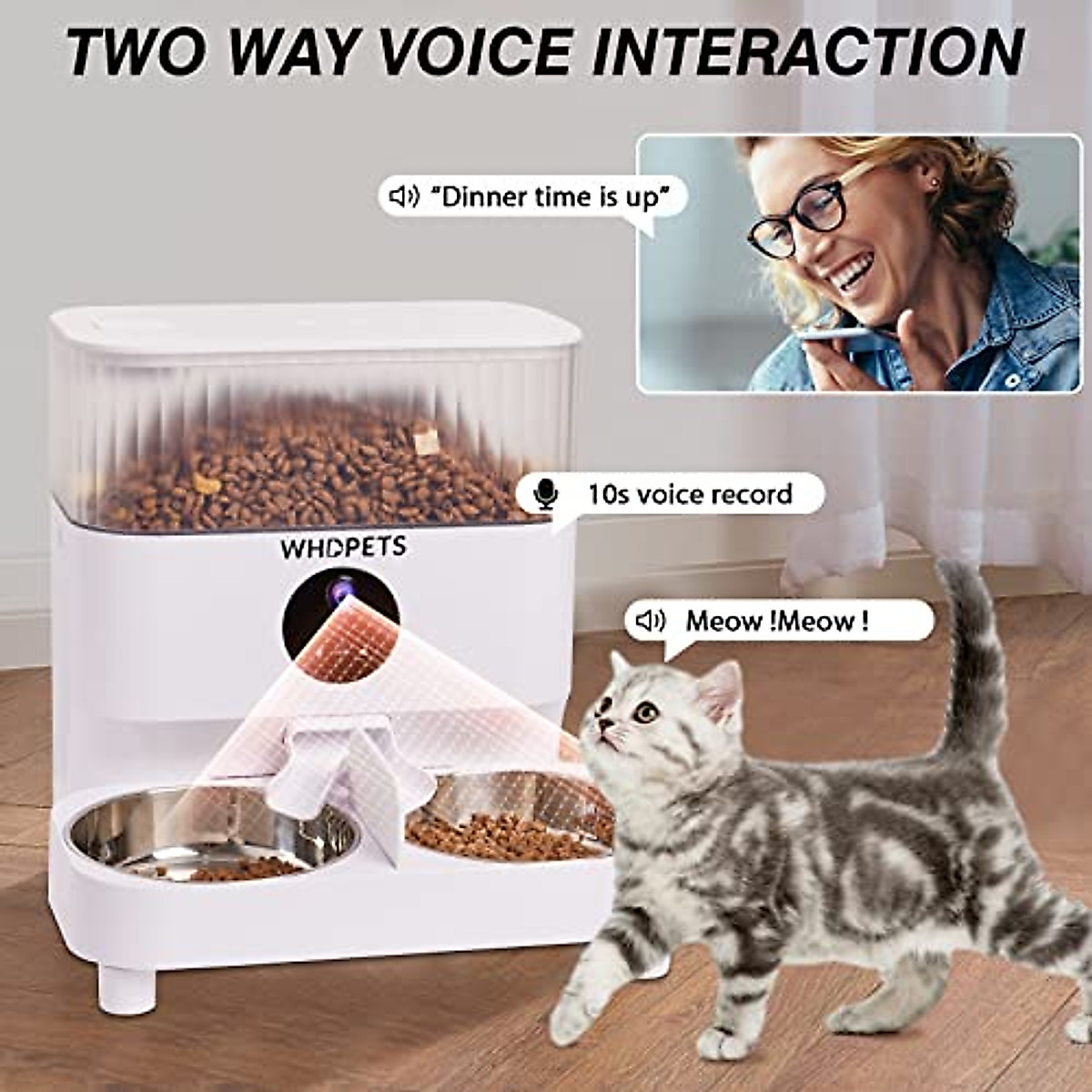 Automatic Cat Feeders, WHDPETS 5L Cat Food Dispenser with 1080P Camera for 2 Cats & Dogs with Feeding Mat, Portion Control, Dual Power Supply, Voice Recorder, 2.4G Wi-Fi Enabled