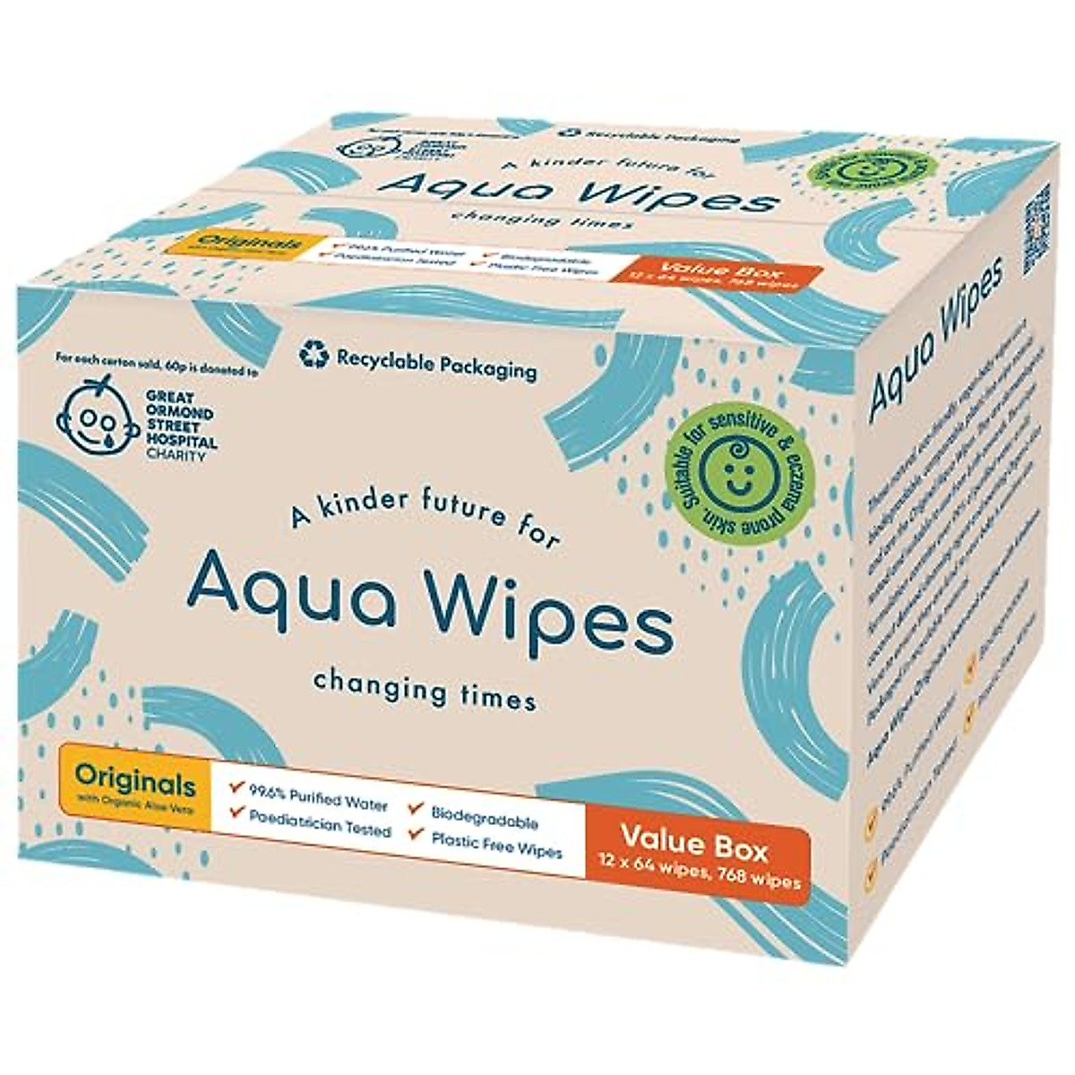 Aqua Wipes Originals Baby Wipes - Vegan, Sensitive, Biodegradable Wipes with 99.6% Water. Suitable for Newborns (Printed Carton of 12 Packs of 64 Wipes, 768 Wipes)