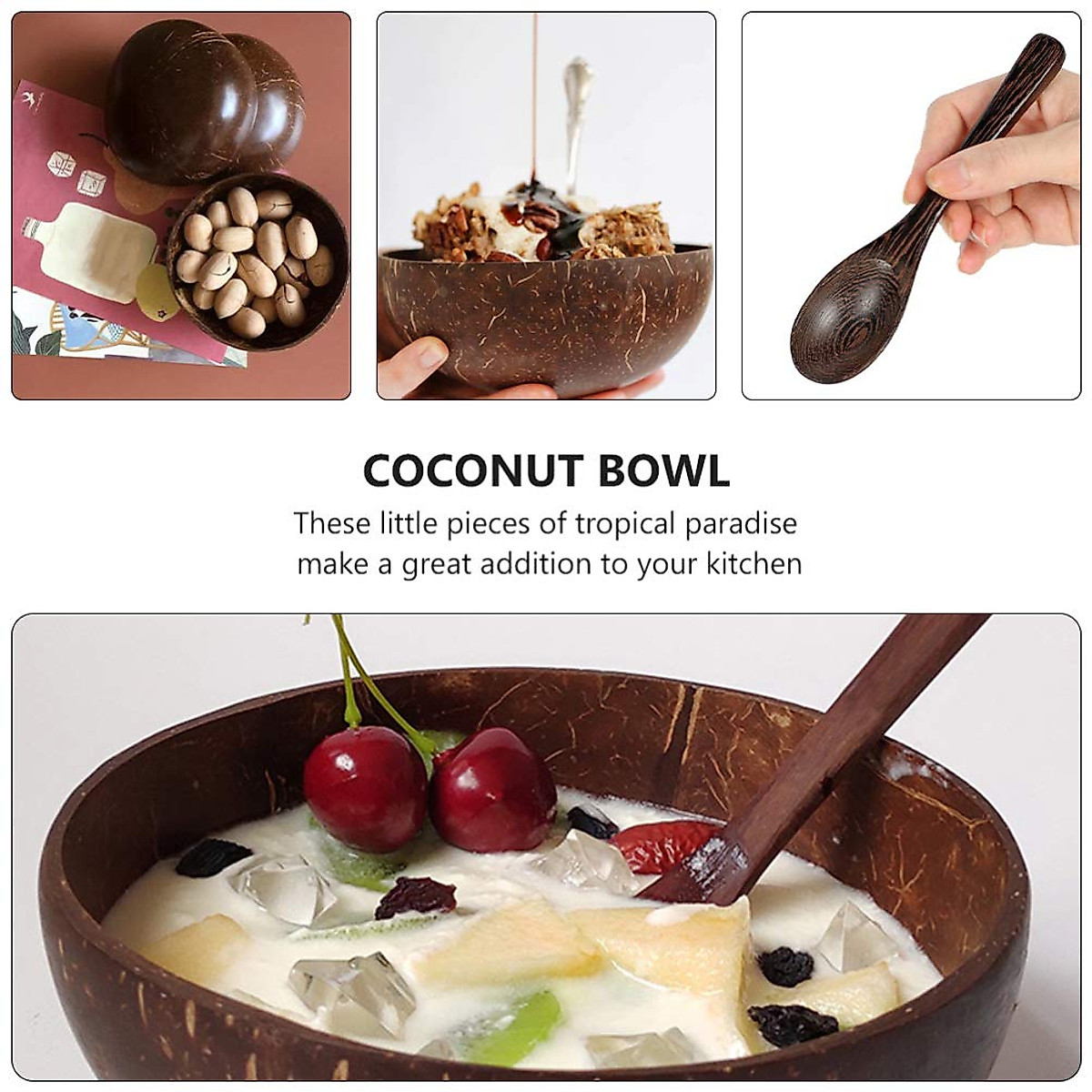 Hemoton coconut bowl with spoons，smoothie bowls Fruit Salad Bowl Buddha Bowl Kitchen Utensils (Natural)