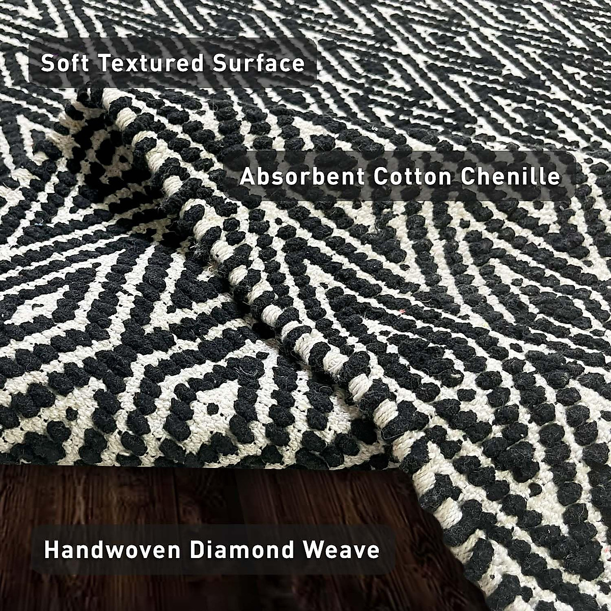 Chardin home 100% Cotton Diamond 3x5 Area Rug Fully Reversible, Machine Washable, Black and White