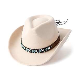 Gossifan Western Cowboy & Cowgirl Hat Felt Wide Brim Women Men Fedora Hats-B Belt Beige