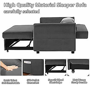 Gynsseh Loveseat Couch Pull Out Bed, 3 in 1 Convertible Sleeper Sofa Bed with Pillows and Storage Pocket, Soft Velvet Love Seat Lounge Sofa Bed Couch for Living Room, Gray