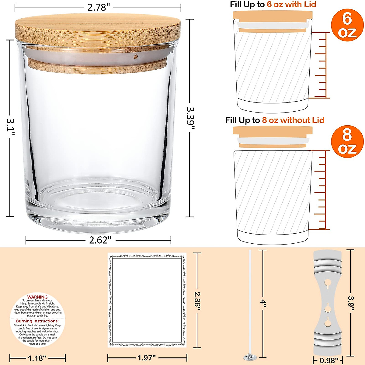 JuneHeart 15 Pack 6 OZ Candle Jars for Making Candles, Empty Glass Candle Jars with Bamboo Lids and 50 Candle Wicks Kit for Making Candles-Dishwasher Safe (Clear Jars, 15 Pack 8OZ)