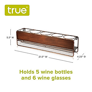 True Wall Mounted Wine Shelf & Stemware Rack, Wooden Wine Rack, Holds 5 Bottles & 6 Wine Glasses