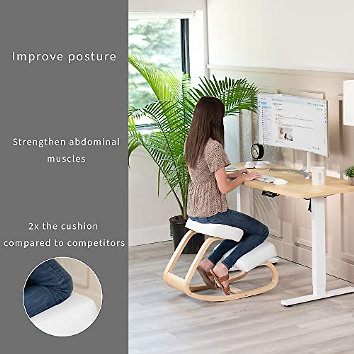 VIVO Wooden Rocking Kneeling Chair, Ergonomic Rocker Stool for Home and Office, Angled Posture Seat, Light Wood Frame & White Cushions, CHAIR-K04RW