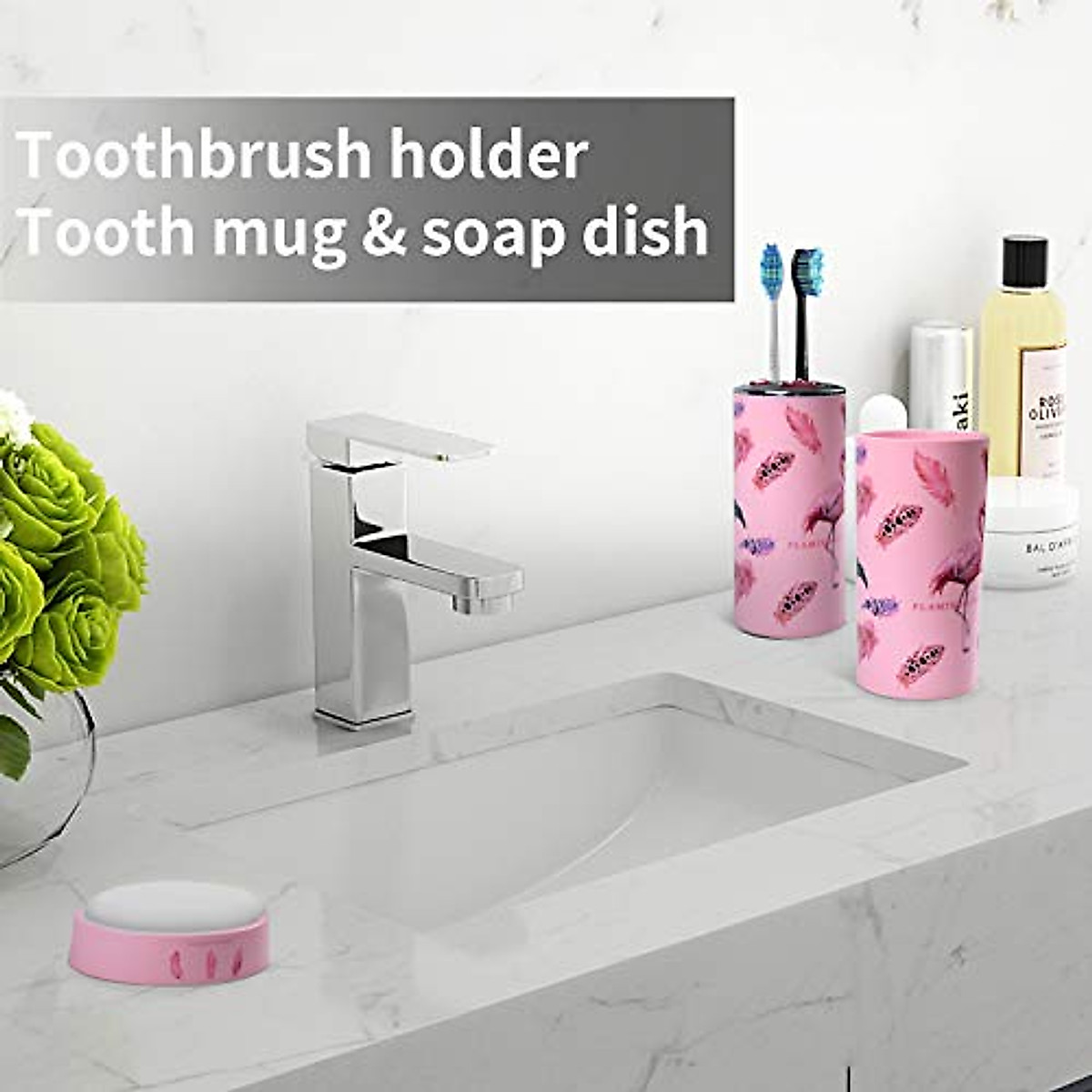 Newthinking Bathroom Accessories Set, Bathroom Set with Trash Can, Include Soap Dish and Soap Dispenser, Toothbrush Holder Set and Toilet Brush and Holders, Pink Flamingo