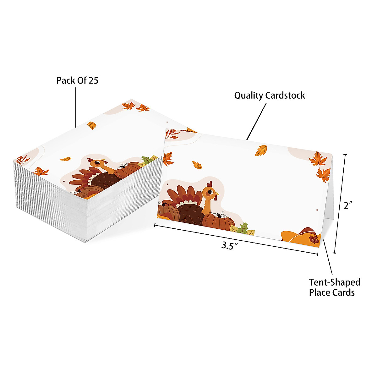 Table Place Card, Fall Thanksgiving Themed Tent Style Cards, Pack of 25 Half-Fold Reception Place Card with Turkey, Perfect for Thanksgiving Dinner, Party, Birthday, Wedding, Banquet A08