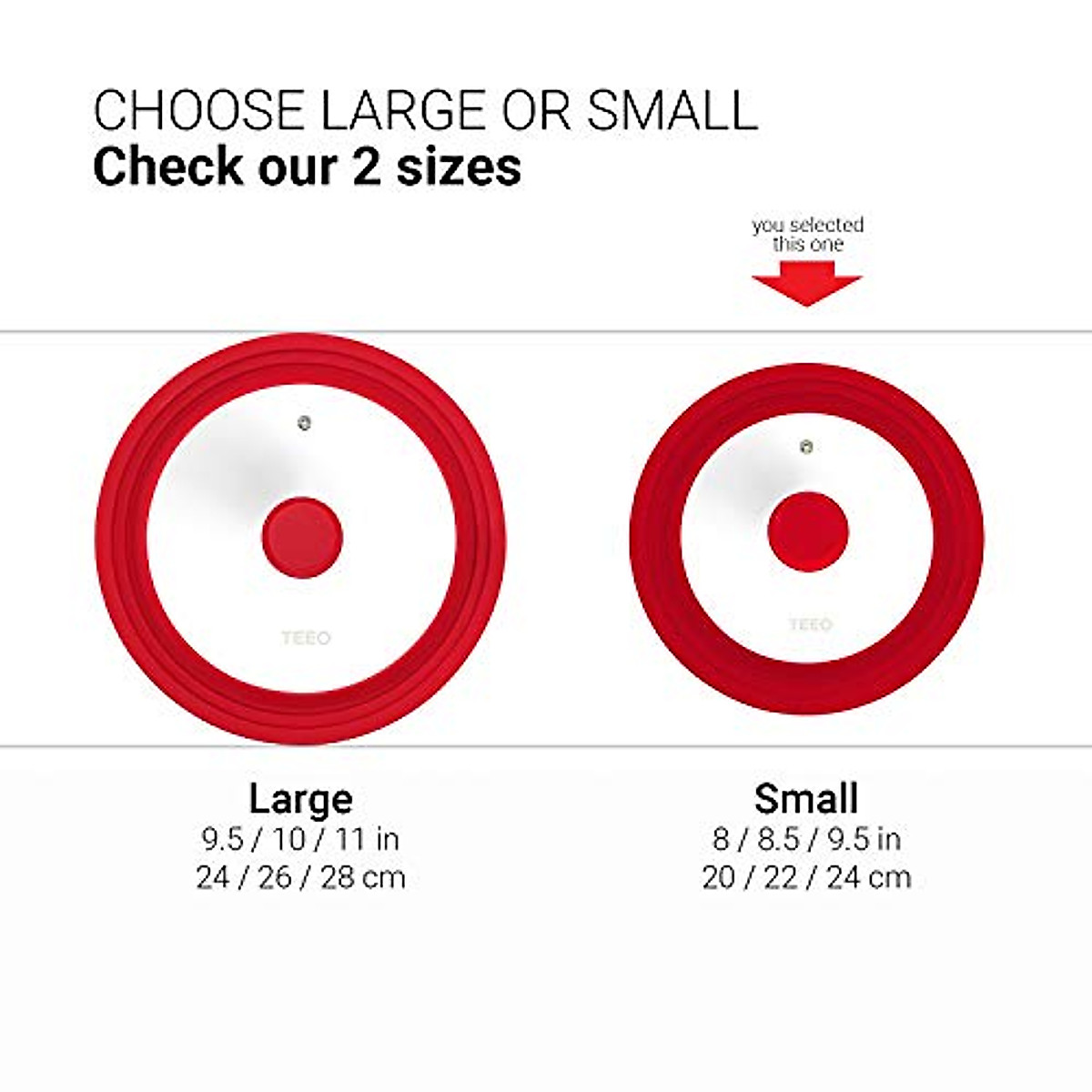 Teeo - Universal Pot Lid - Pan Cover for Frying - Drop Lid - Silicone Lids 8 - Tempered Glass Silicone Rim Cool Touch Handle Steam Vent Dishwasher Safe Skillet Multi-sized Lid (8/8.5/9.5 inches, Red)