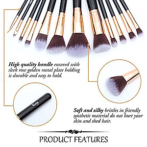 Qivange Makeup Brushes, Professional Foundation Eyeshadow Blending Brushes Set with Brush Holder+ Sponge & Brush Cleaner(Black with Rose Gold, 12pcs)