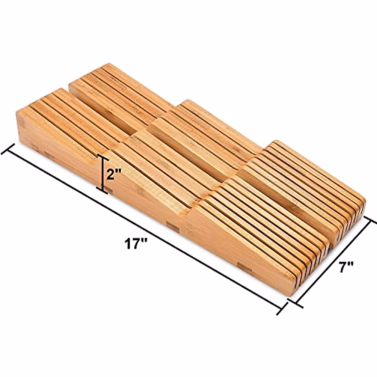 In-Drawer Bamboo Knife Block - Holds 14 Knives Plus a Slot for your Knife Sharpener, Premium Knife Drawer Organizer, Perfect Knife Organizer Drawer Insert or Drawer Knife Holder (2" tall, 17" deep)