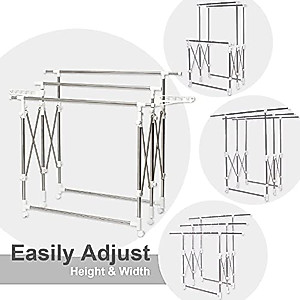 Todeco Clothes Drying Rack, Foldable Stainless Steel Laundry Drying Hanger Rack on Wheels for Laundry with Extendable Rods and Hanging Rail for Indoor Outdoor