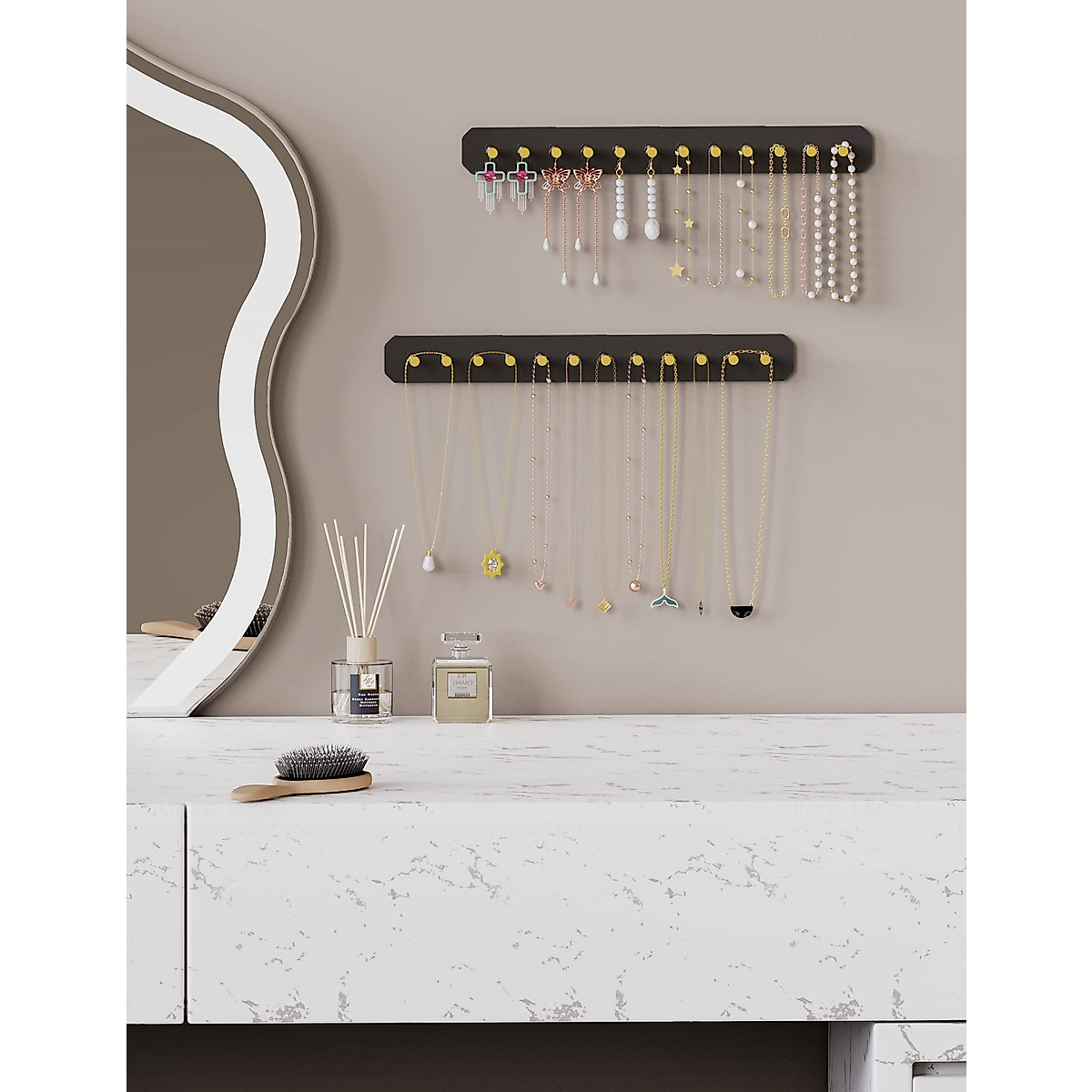 NiHome Wall Mounted Acrylic Jewelry Organizer 2-Pack, Durable Sleek Rack Strong Carbon Steel Hooks for Dressing Table, Bathroom, Kitchen, Hassle-Free Installation Multiple Mounting Options (Black)