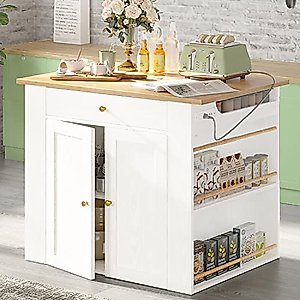 IRONCK Kitchen Island with Storage, Large Organized Storage Space with Power Strip, 2-Door Cabinet and 2 Open Shelves/Dual Side Drawers/5 Open Spice Racks, 29.5" D x 39.4" W x 37.8" H, White