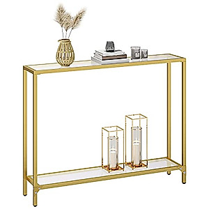 HOOBRO 39.4" Gold Console Table, Tempered Glass Sofa Table, Narrow Entryway Table, Metal Frame, Modern Style, Hallway, Living Room, GD04XG01