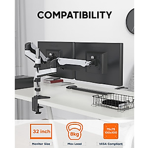 SHOPPINGALL Fully Adjustable Dual Gas Spring LCD Monitor Mount Stand with 2 Arm for 15”-32” Monitors, Clamp and Grommet Mounting Options in The Box, 6 ft HDMI Cable included - SA-GA24-White