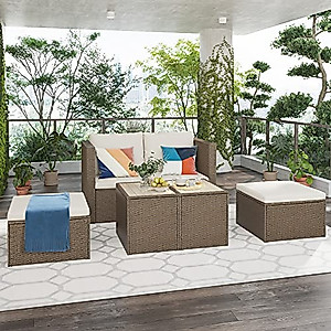 SIYAHOME Conversation 6-Piece Outdoor Furniture, PE Rattan Sectional Sofa Set with 2 Tea Tables for Poolside, Garden, Deck, Wicker Cushion, Brown + Beige