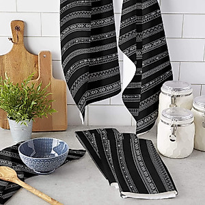 Edwiinsa Black Boho Kitchen Dish Towels and Dishcloths Sets, Native American Tribal Geometric Stripes 18 X 28 Inches Absorbent Hand Towels Dish Rags with Hanging Loop for Home Cleaning (4 Pack)