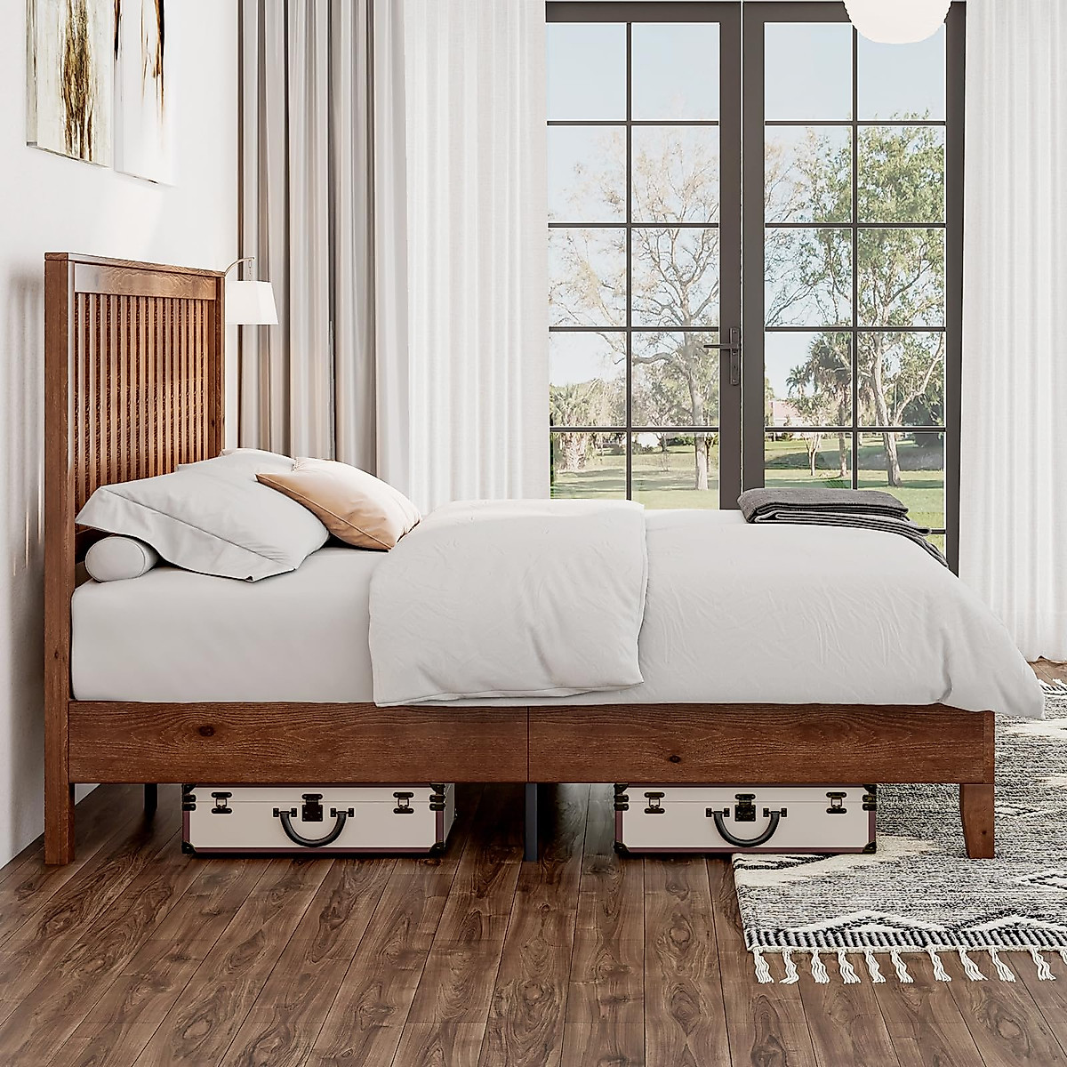 LUXOAK King Size Solid Wood Platform Bed Frame with Headboard, Mid Century Wood Bed with Solid Wood Foundation, Slat Support/No Box Spring Needed/Easy Assembly, Walnut