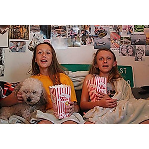 ViziY 32 Popcorn Boxes Red and White Striped-Retro Vintage Paper Movie Night Design-Theater Container Cup Holder-Carnival Party Decorations-Bottom Insert Card Helps Prevent Leaks Bonus-Emoji Stickers