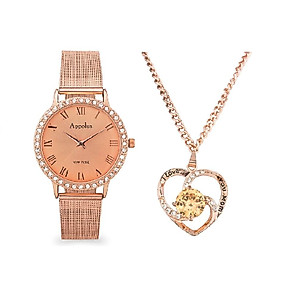 Appolus Gifts For Mom Engraved I Love You Mom Watch Necklace Set with rose gold-tone Cubic Zirconia