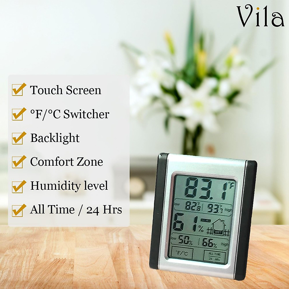 Vila Digital Thermometer and Hygrometer, Indoor Humidity and Temperature Monitor with Battery, Bright LCD Display for Quick Reading, Multiple Mounting Options, Touch Screen