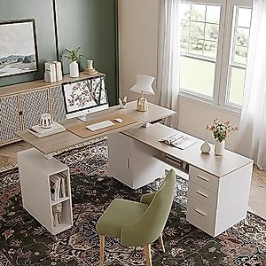 CubiCubi 63" L Shaped Executive Standing Desk with 3-Drawer File Cabinet, Electric Height Adjustable Stand up Desk for Home Office, Computer Desk with Storage Cabinets, White Frame/Light Walnut Top