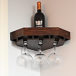 WELLAND Wall Mounted Corner Wine Rack -2 Pack Wooden Rustic Floating Corner Wine Holder with 6-7 Glass Slot Holder