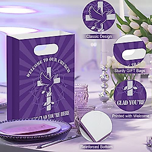 60 Pieces Church Welcome Gift Bags Purple Welcome to Our Church Gift Bags Large Religious Church Paper Bag with Handles for Visitors Members Birthday Church Theme Party Supplies, 8.6 x 6 x 2.36 Inch