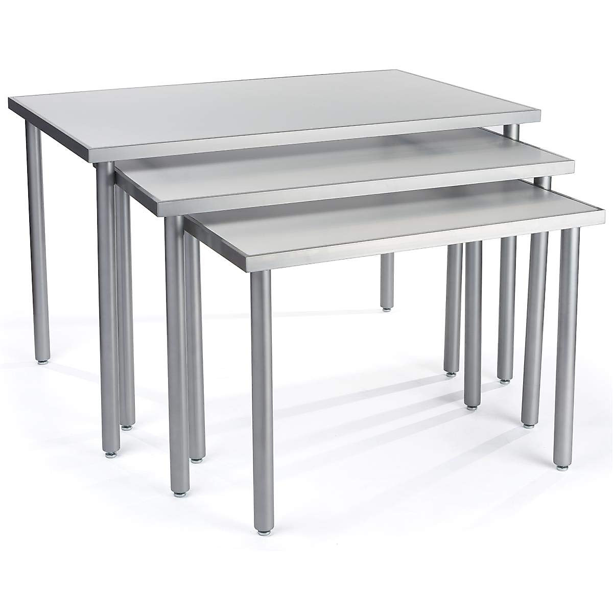 Displays2go, White Nesting Tables for Retail, Steel, MDF, Melamine Build – White, Silver Finish (NST3T48WT)
