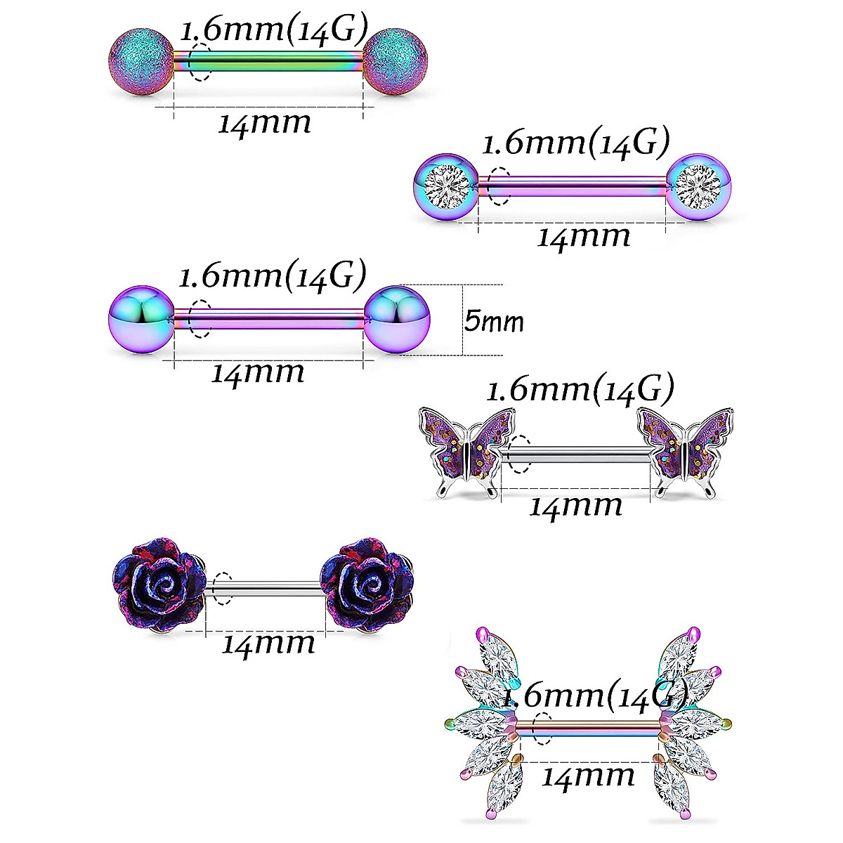 Vsnnsns 14G Nipple Rings for Women Stainless Steel Butterfly Nipple Rings Flower Nipple Piercing Jewelry CZ Nipple Rings Surgical Steel Nipple Jewelry Barbell Body Piercing Jewelry Rainbow