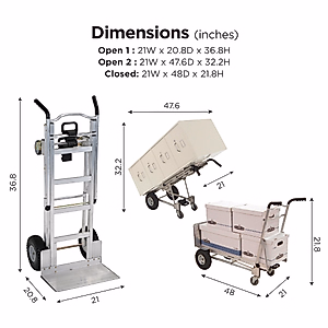 COSCO 3-in-1 Assist Series Aluminum Hand Truck/Cart with Flat Free Wheels, 800 lb/1000 lb Capacity, Silver