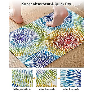 Gogobebe Super Absorbent Diatom Mud Mat Boho Watercolor Floral Summer Quick-Drying Thin Bath Mat Non-Slip Bathtub Mat Anti-Skid Rubber Bathroom Shower Mat 20x32in