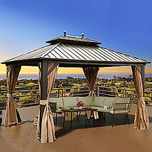 YITAHOME 10x12ft Hardtop Gazebo with Nettings and Curtains, Heavy Duty Double Roof Galvanized Steel Outdoor Combined of Horizontal Vertical Stripes Roof for Patio, Backyard, Deck, Lawn (Bronze)