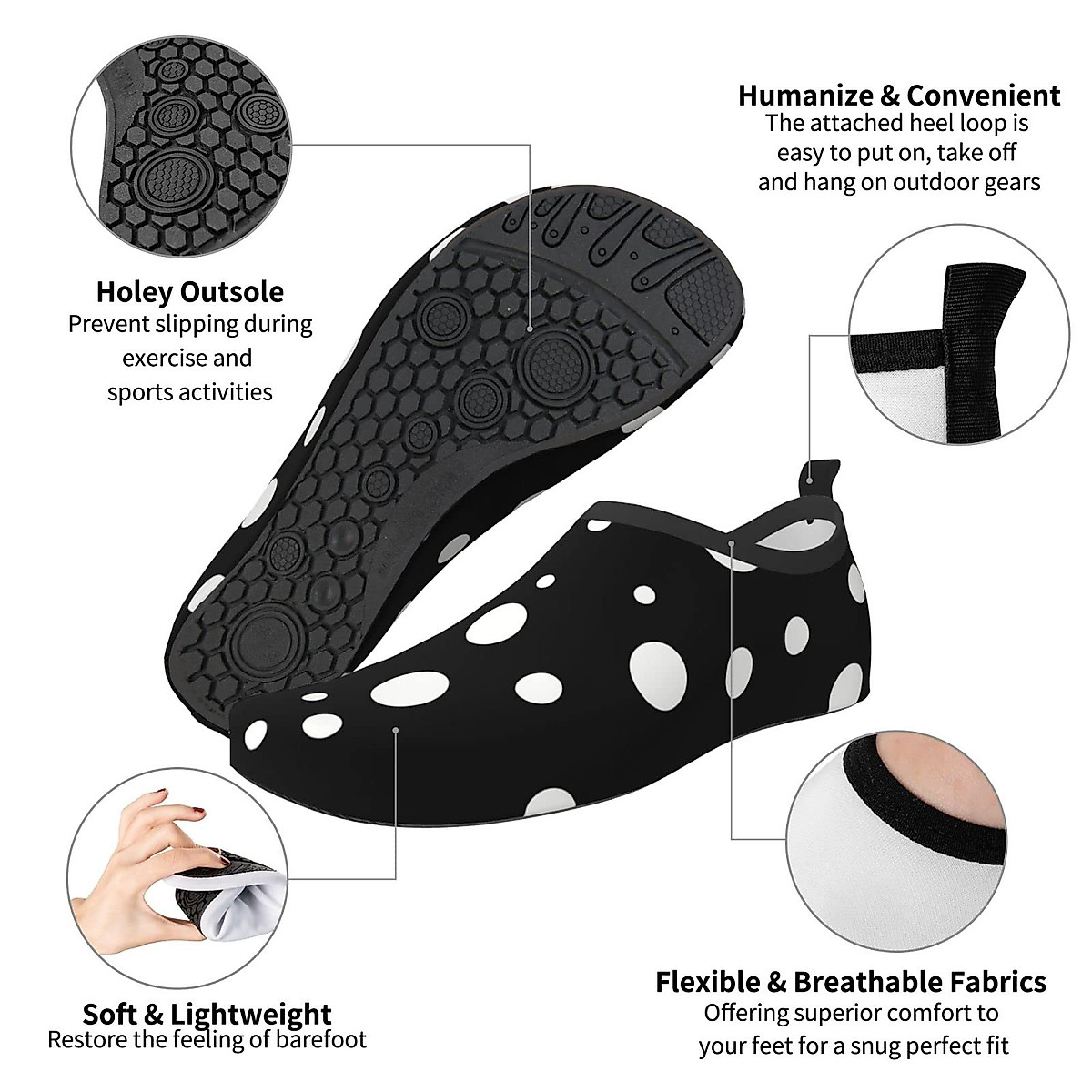 White Black Polka Dot Water Shoes for Men Women Aqua Socks Barefoot Quick-Dry Beach Swimming Shoes for Yoga Pool Exercise Swim Surf