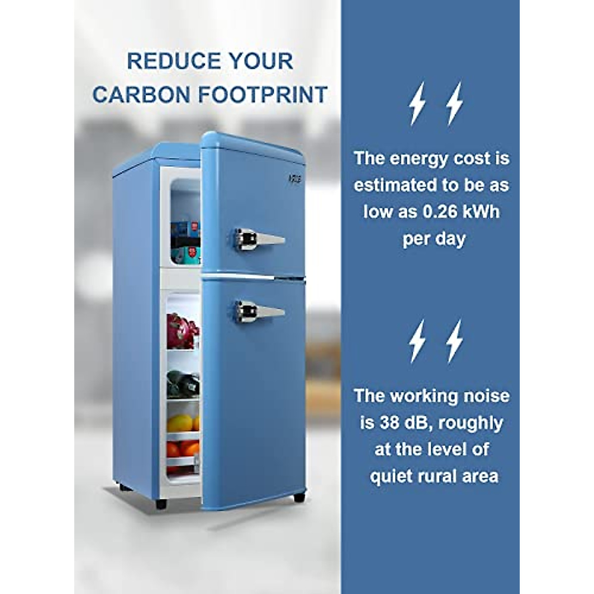 KRIB BLING Refrigerator with Freezer 3.5 Cu.Ft with 7 Level Adjustable Thermostat Control 2 Door Energy Saving Top-Freezer Compact Refrigerator Blue