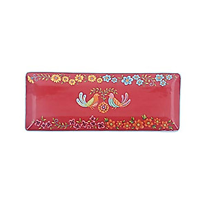 Bico Red Spring Bird Ceramic 14 inch Rectangular Serving Platter, Set of 2, for Serving Salad, Pasta, Cheese, Ham, Appetizer, Microwave & Dishwasher Safe