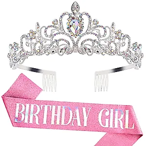 "Birthday Girl" Sash & Rhinestone Tiara Set Silver COCIDE Birthday Sash and Tiara for Women Birthday Decoration Kit Rhinestone Headband for Girl Glitter Crystal Hair Accessories for Birth Party