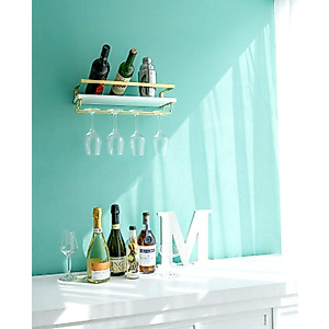 Mkono Wall Mounted Wine Rack Set of 2 White Wood Wine Bottle Glass Holder Floating Shelves with Stemware Hanger Modern Plants Photos Wine Display Storage Holder for Kitchen Dining Room Bar, 17 Inch