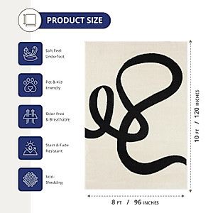 Abani Abstract Beige/Black Area Rug - 8'x10' - Modern Curved Line Design - Deco Collection - Easy to Clean - Durable for High Traffic Areas - Living Room, Dining Room - Medium Pile