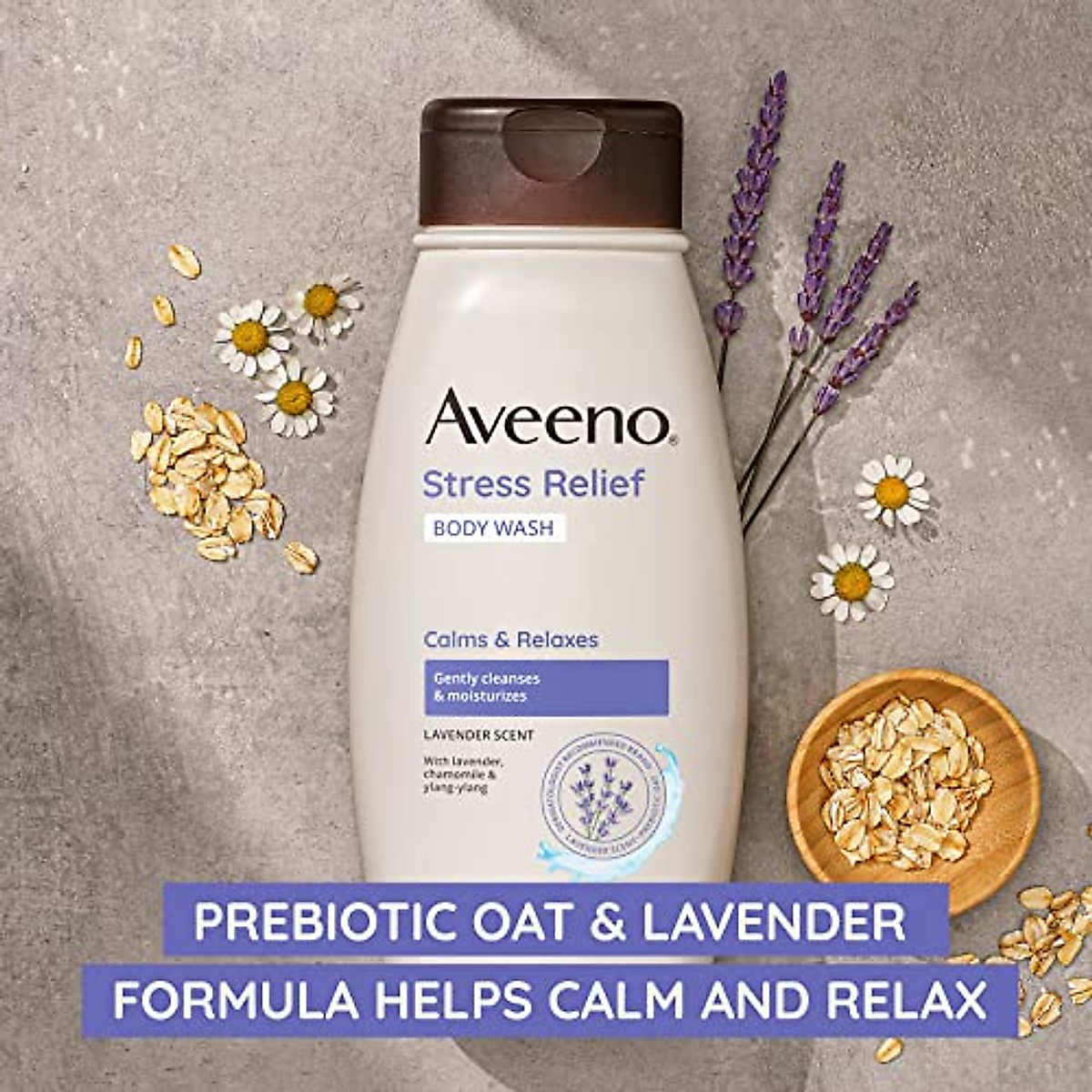 Aveeno Stress Relief Body Wash with Soothing Oat, Gently Cleanses and Moisturizes with Lavender Scent, Chamomile & Ylang-Ylang Essential Oils, Dye-Free & Soap-Free Calming Body Wash, 33 fl. oz