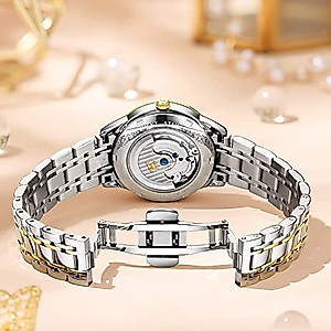 OLEVS Women Automatic Wrsit Watches Luxury Stainless Steel Gold and Silver Small Wrist Mechanical Moon Phase Blue Waterproof Ladies Watches