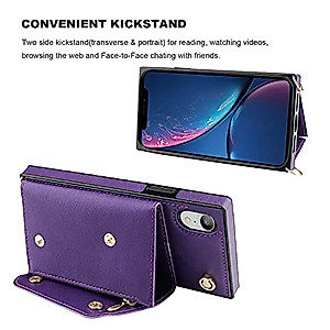 KIHUWEY iPhone Xr Crossbody Case with Wallet Card Holder,Kickstand Wrist Strap Shoulder Cross Body Zipper Purse Bag Cover Case (Purple)