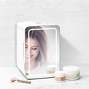 Chefman - Iceman Mirrored Beauty Fridge With LED Lighting, 6L Portable White Mini Refrigerator, Skin Care, Makeup Storage, Chill Cosmetics & Face Masks, Small For Desktop Or Travel, Cool & Heat