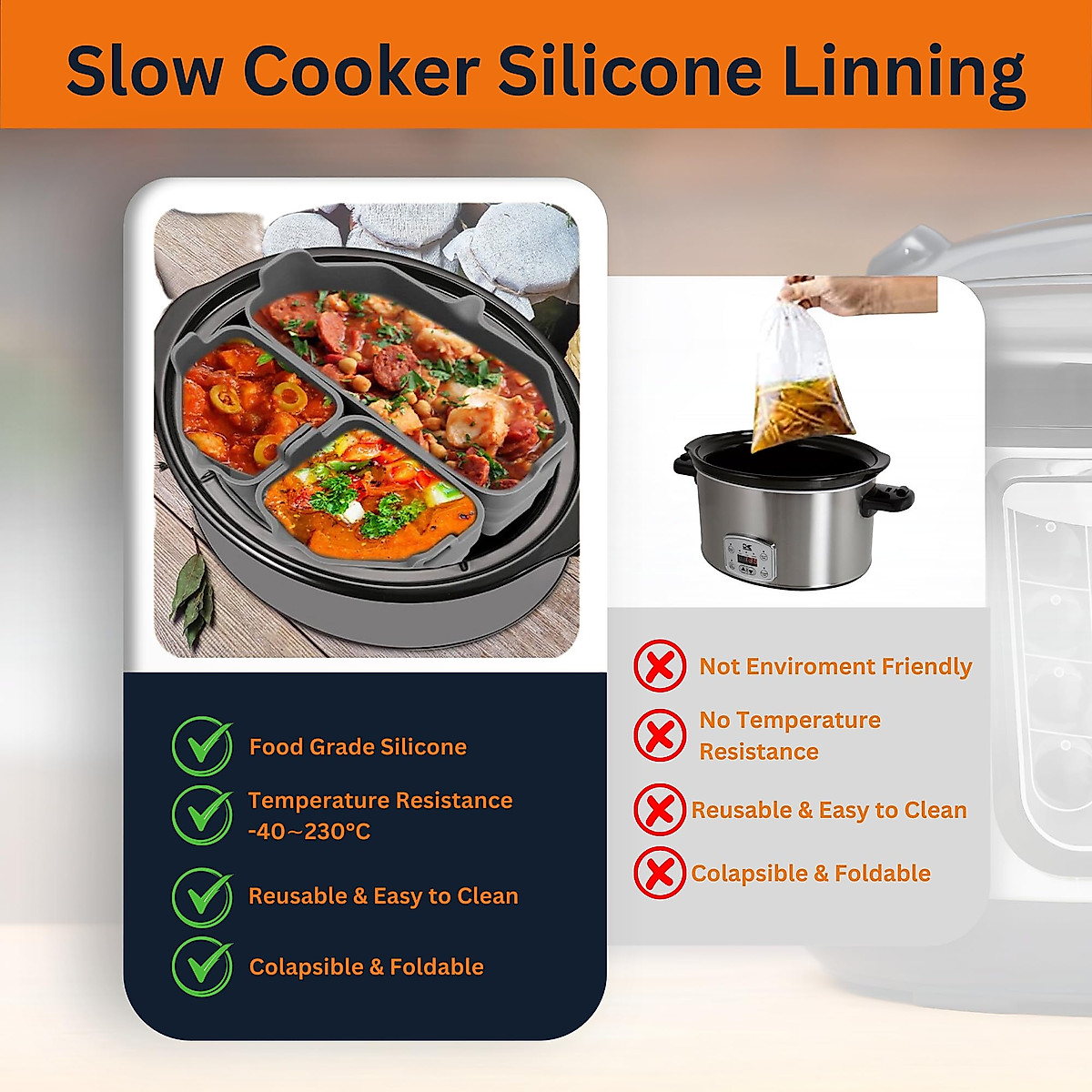 CANIS LYCAON Silicone Slow Cooker Liners Fit Crock Pot 6-8 QT crock pot dividers Allows to cook 3 Meals at once Time | Collapsible & Reusable Silicone Divider Insert, Dishwasher Safe & Leakproof