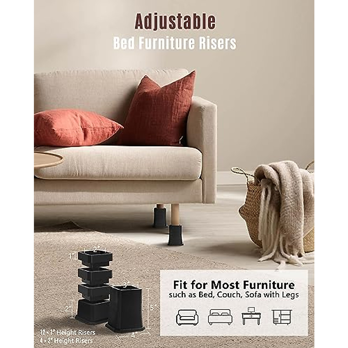 Affogato Bed Risers (Pack of 16) Adjustable Furniture Risers Lift Heights 2, 3, 4 or 5 Inch Heavy Duty Lifts Up to 5,000 lbs Bed Lifts Risers for Bed Frame Sofa Couch Desk and Table, Black