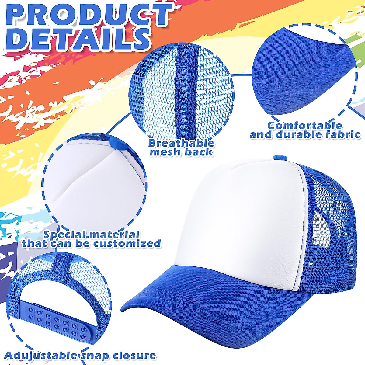 Jeyiour 48 Pack Trucker Hat Bulk Polyester Adjustable Plain Mesh Sublimation Blank Baseball Cap for Women Men Kids(Large,Multi Colors)