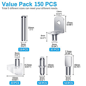 SEANSDA 150PCS Shelf Pegs for Shelves, 5 Styles Shelf Pins, Kitchen Cabinet Shelf Pegs, Metal Shelf Support Pegs, Nickel Plated Shelf Holders Pegs, Shelf Clips for Wood Shelving Bookshelf (5mm & 6mm)