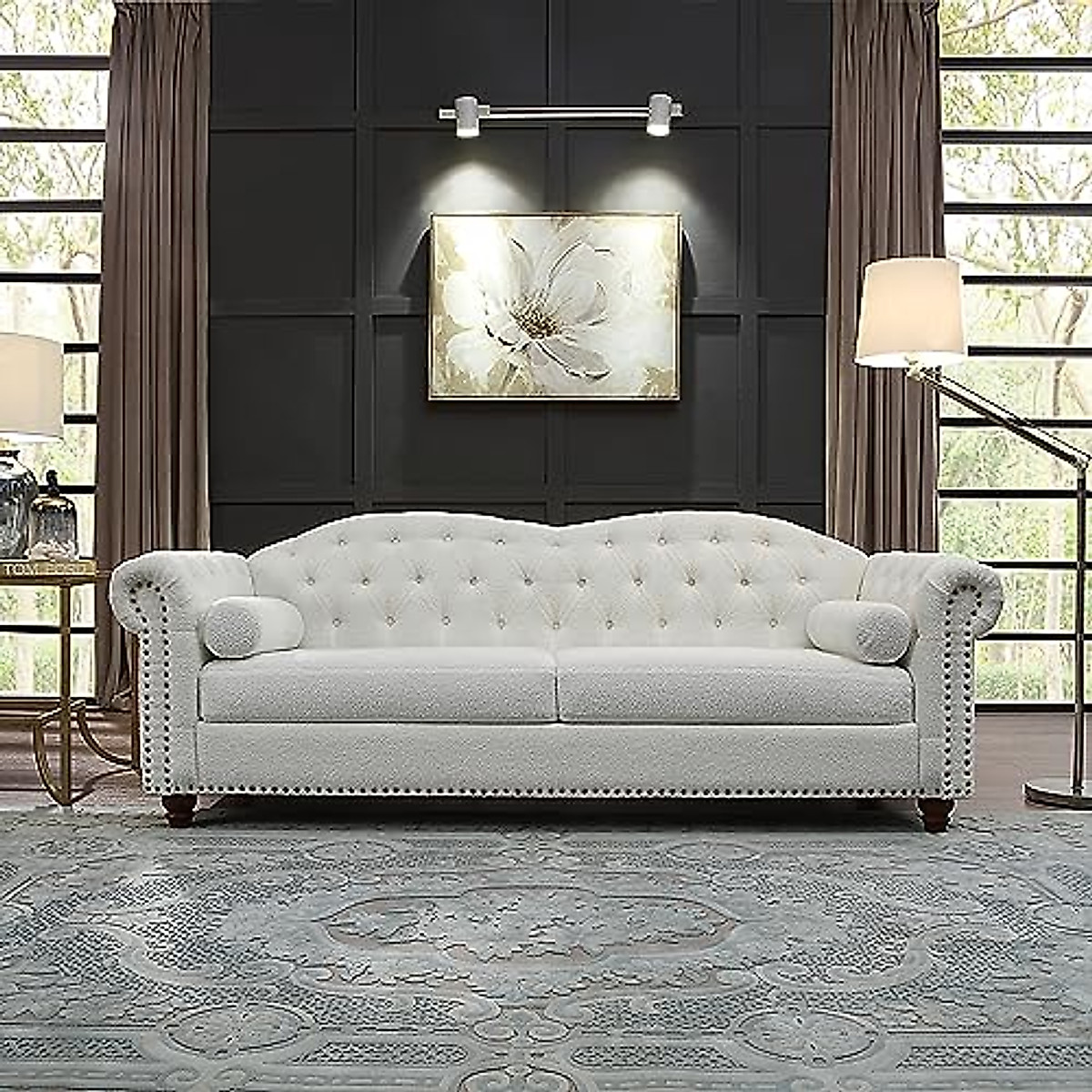 Lunanniu 81" Teddy Fabric Chesterfield Tufted Fabric Sofa 3 Seat Capacity Rolled Arm Nailhead Trim Thick Cushion Deep Seat Button Tufted Back Cozy Stylish for Living Room Apartment White