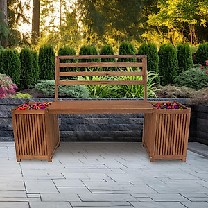 Four Seasons Courtyard Leigh Country Outdoor Wooden Bench Durable All Weather Backyard Patio, Entryway Balcony, or Deck Furniture Seating with 2 Planter Boxes, Tan